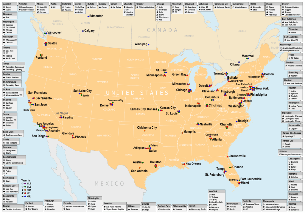 Map of USA with Nfl Teams