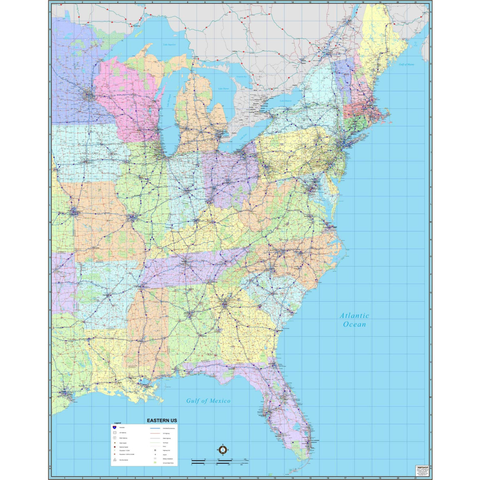 Map of Eastern USA States and Cities