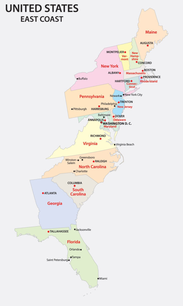 Map of Eastern USA with States and Capitals