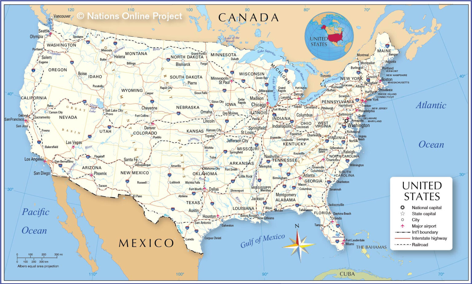 Map of West Coast of USA with States and Cities