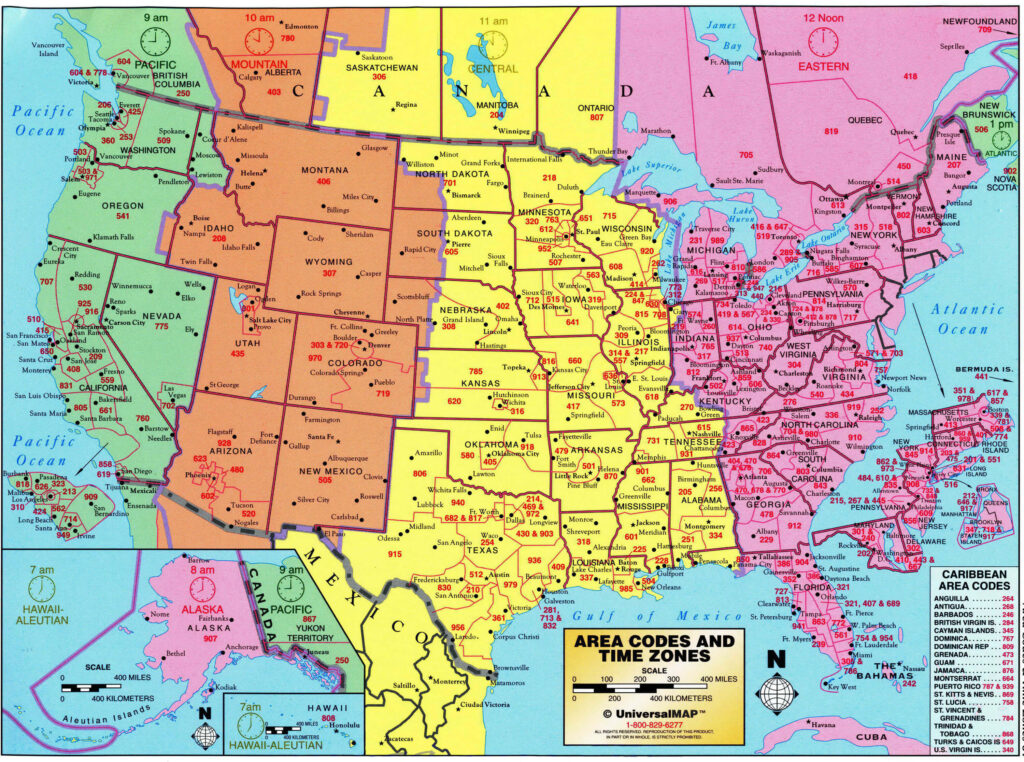 Map of USA with States and Cities and Time Zones
