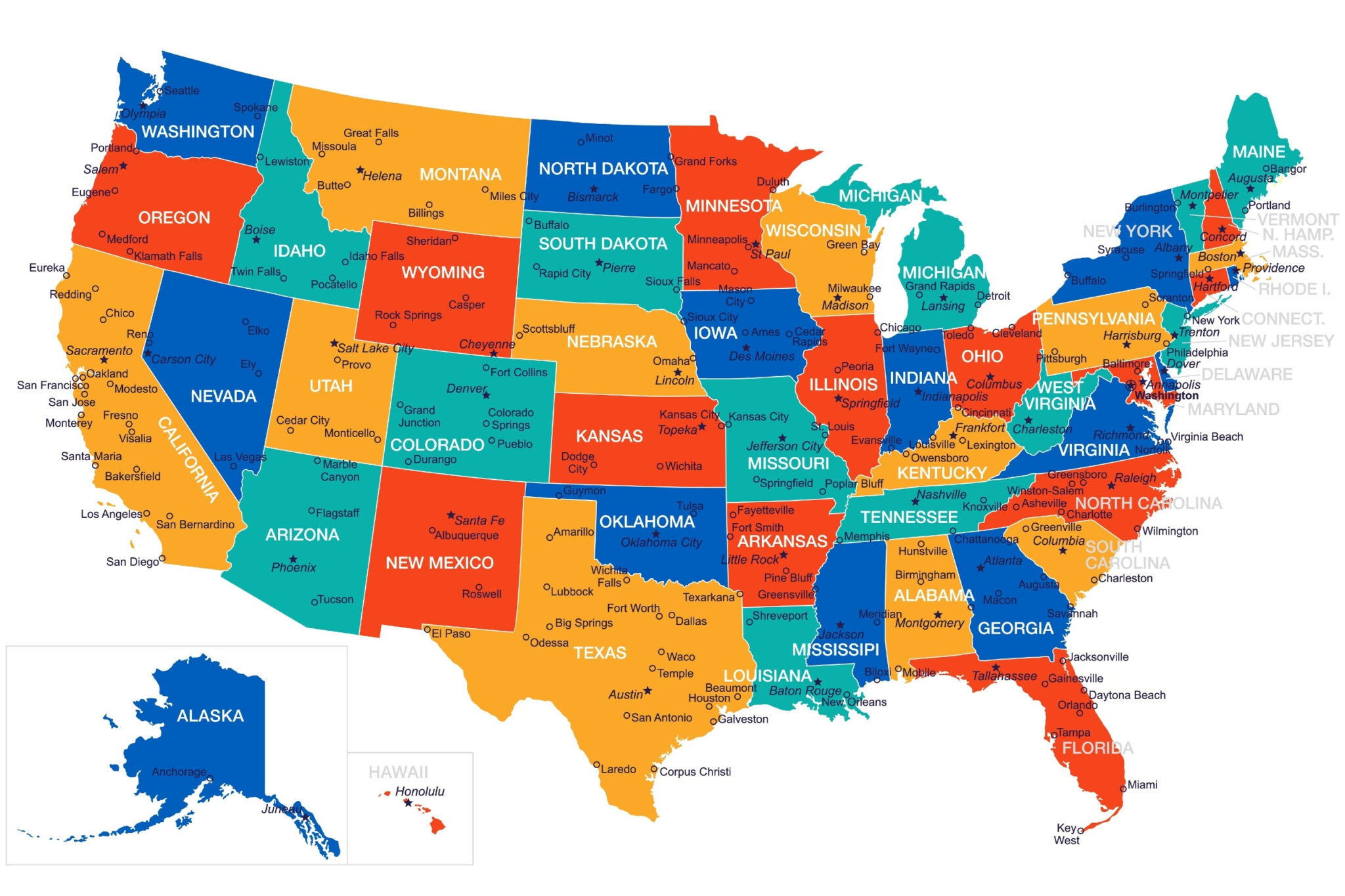 Map of Central USA with States and Cities