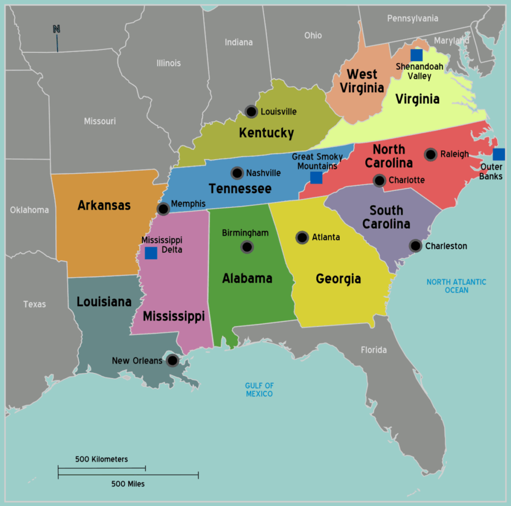 Map of Southern USA with Cities