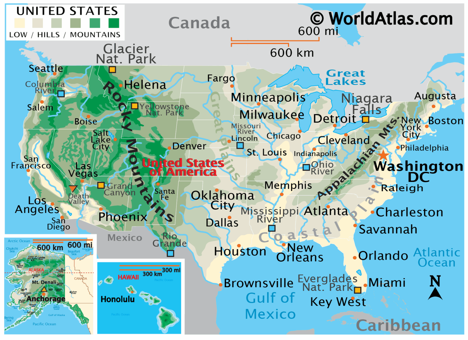 Map of USA with Mountain Ranges