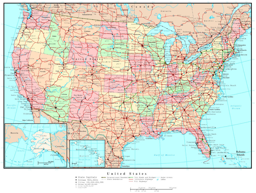 Map of USA with Major Cities and Interstates