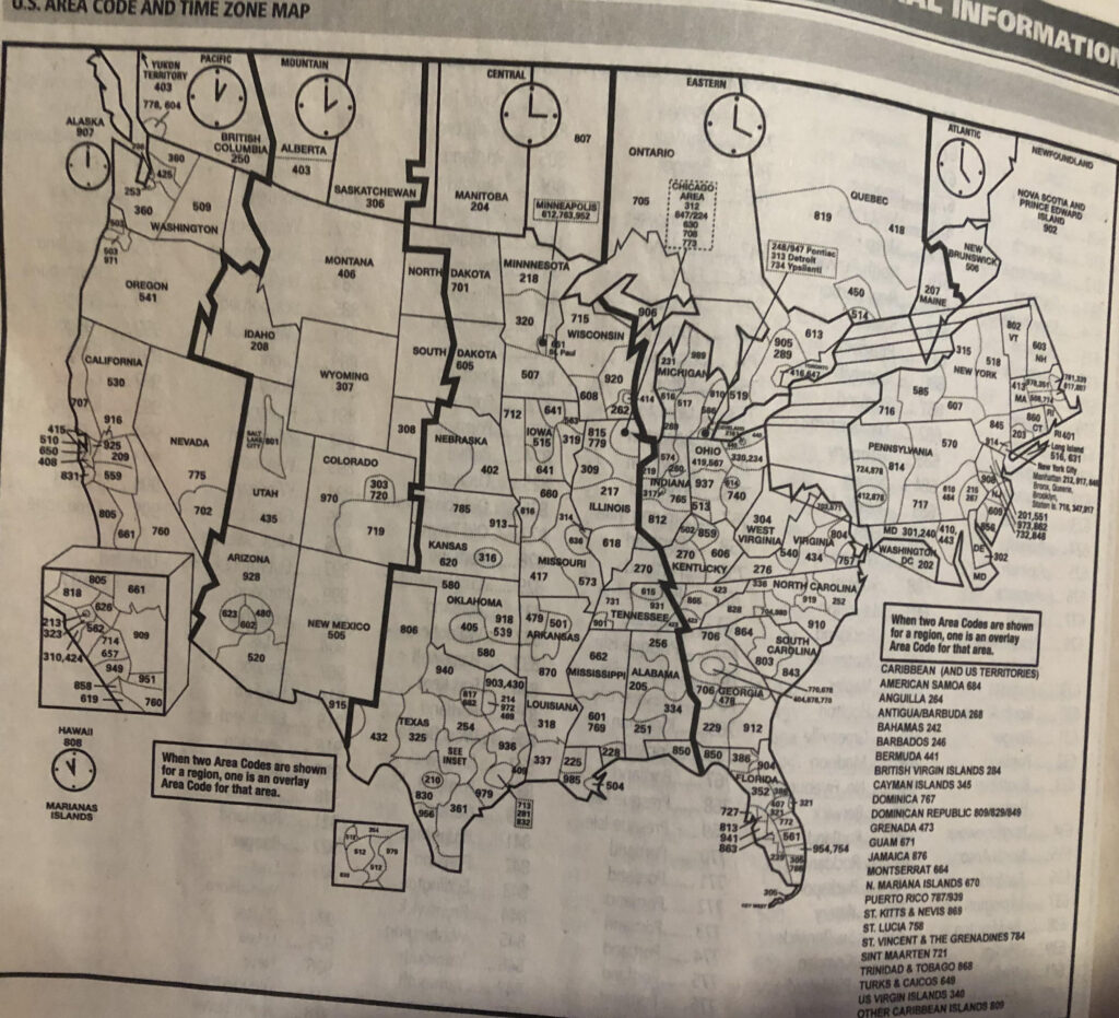 Map of USA with Time Zones and Area Codes