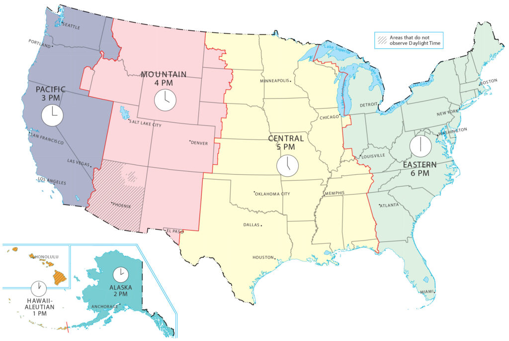 Map of Time Zones USA with Cities