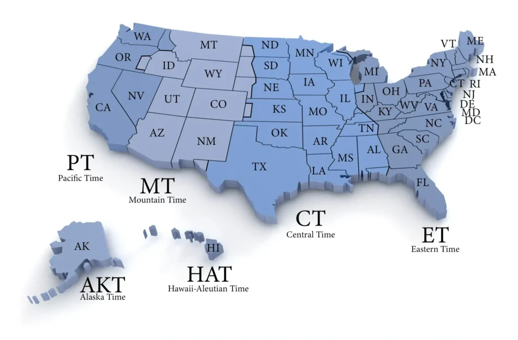 Map of Time Zones In USA with Cities